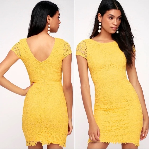 Lulus | Dresses | Lulus Right Sheer Right Now Yellow Lace Bodycon Midi ...